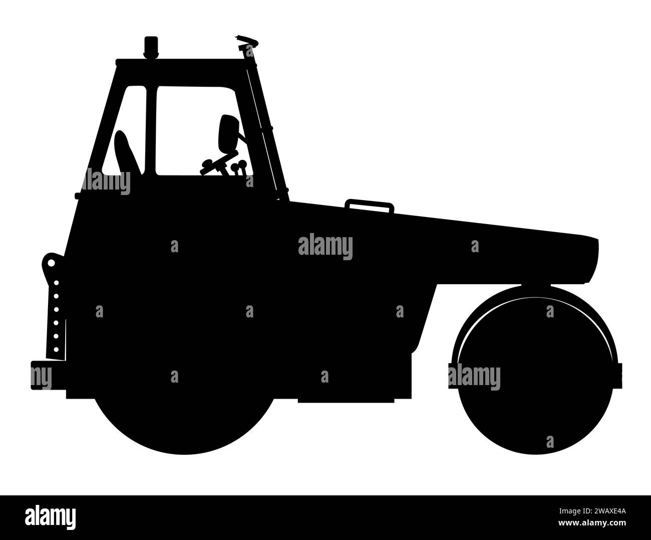 A modern diesel engine road roller in silhouette over a white ...