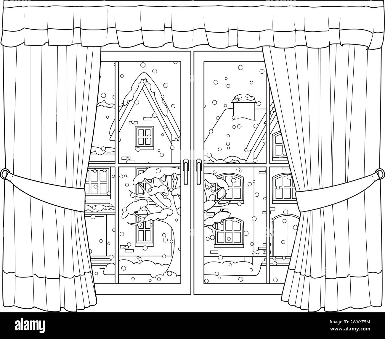 Window with winter landscape outside with snowy street festive ...