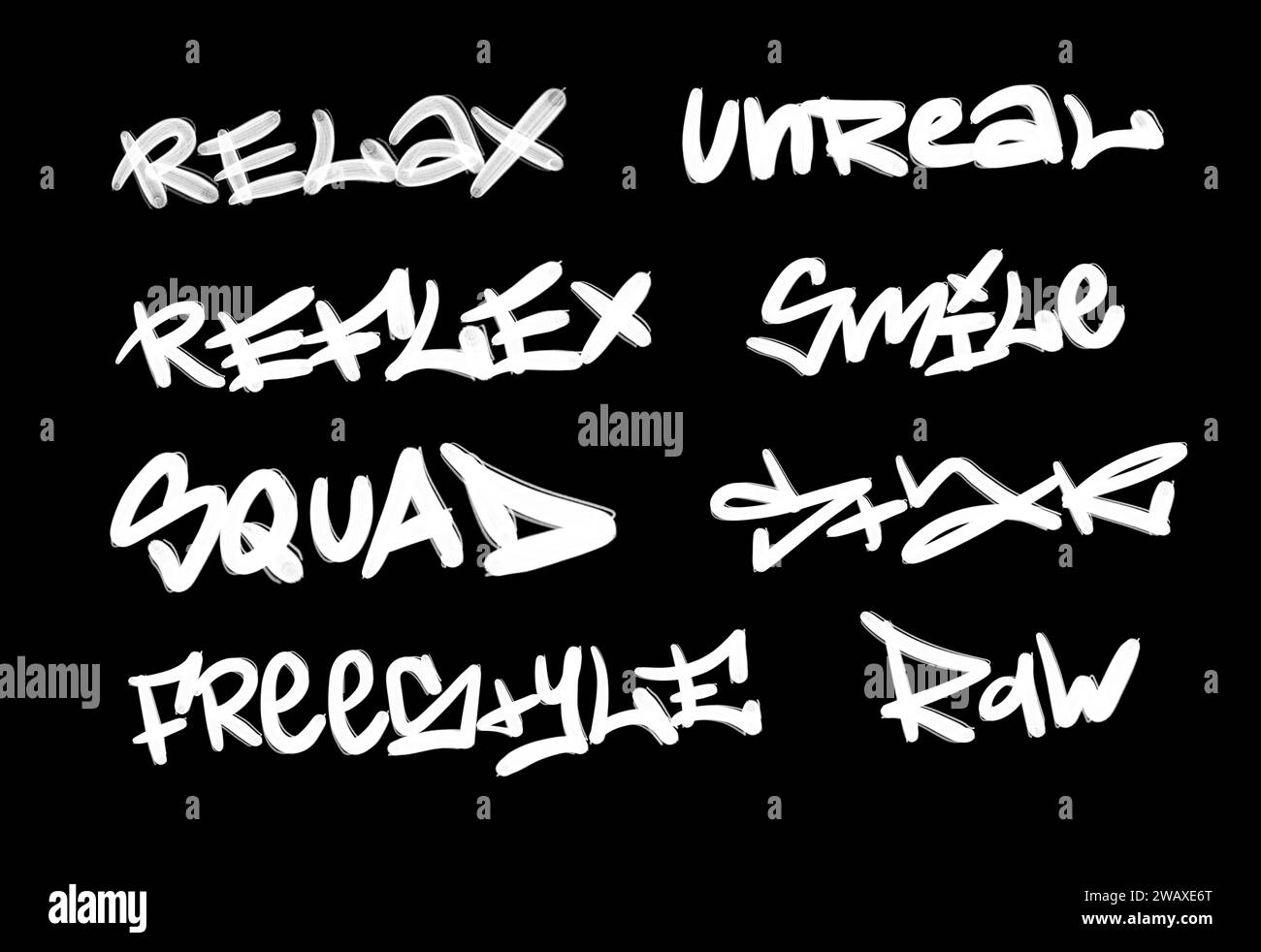 Collection of graffiti street art tags with words and symbols in white ...