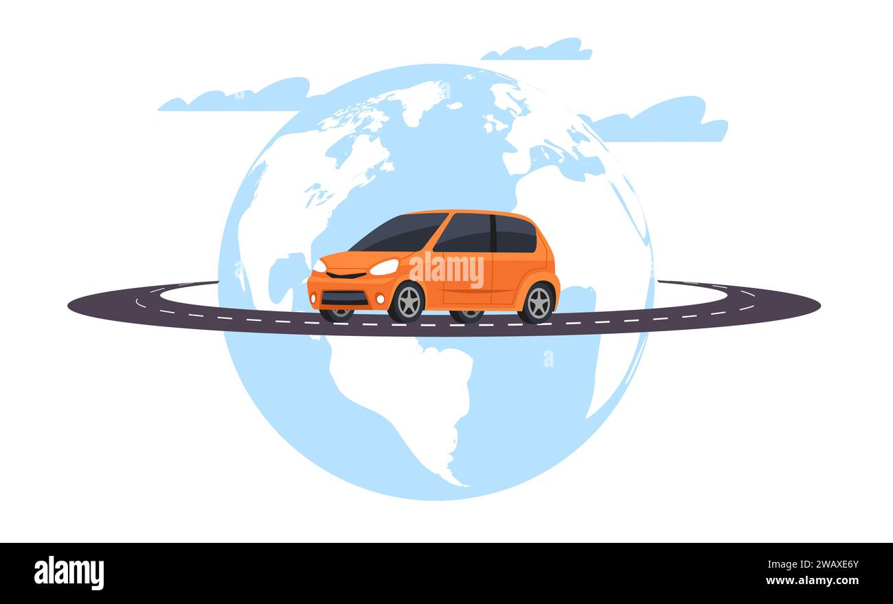 Traveling by car around globe. Auto road trip. Vacation and adventures ...