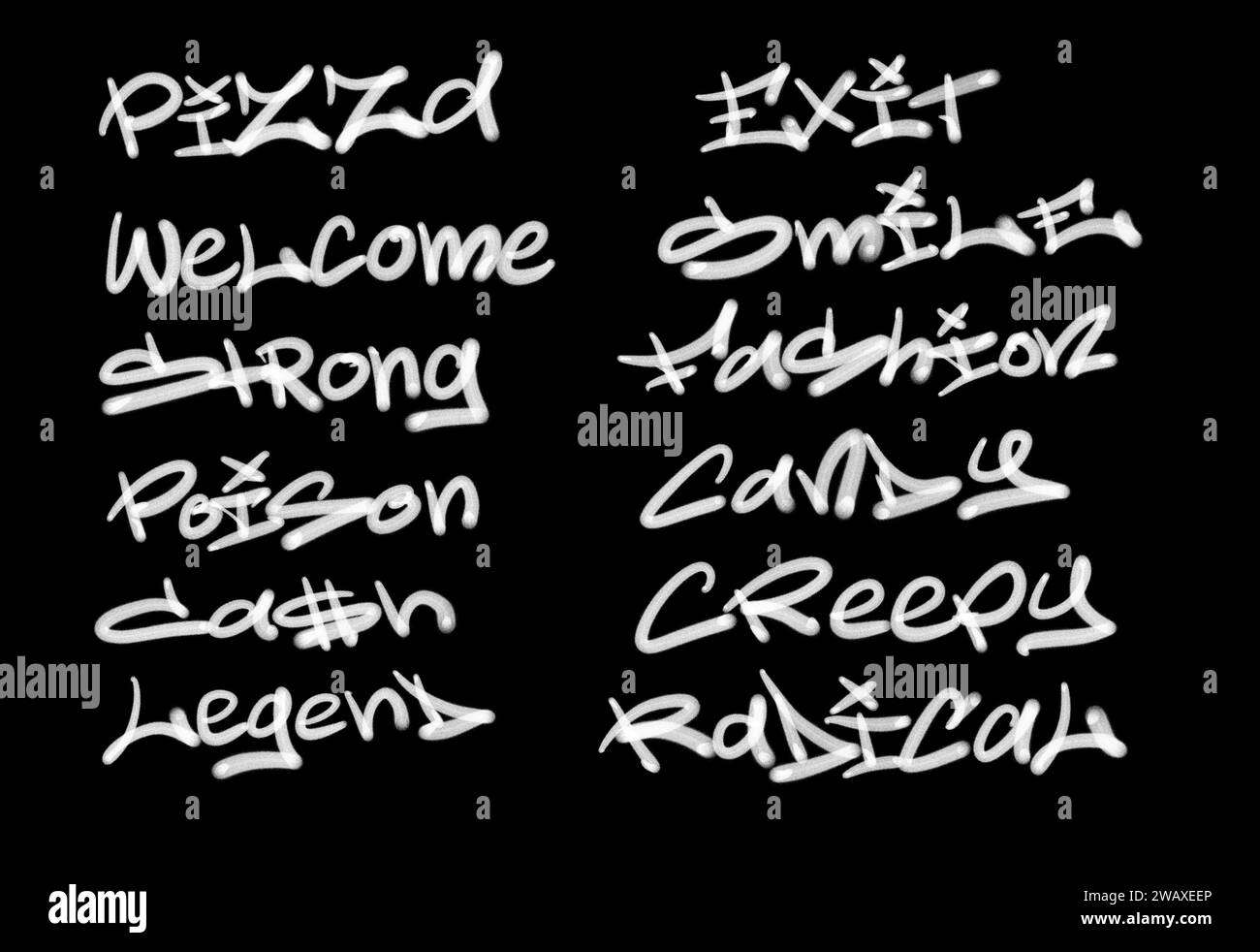 Collection of graffiti street art tags with words and symbols in white ...