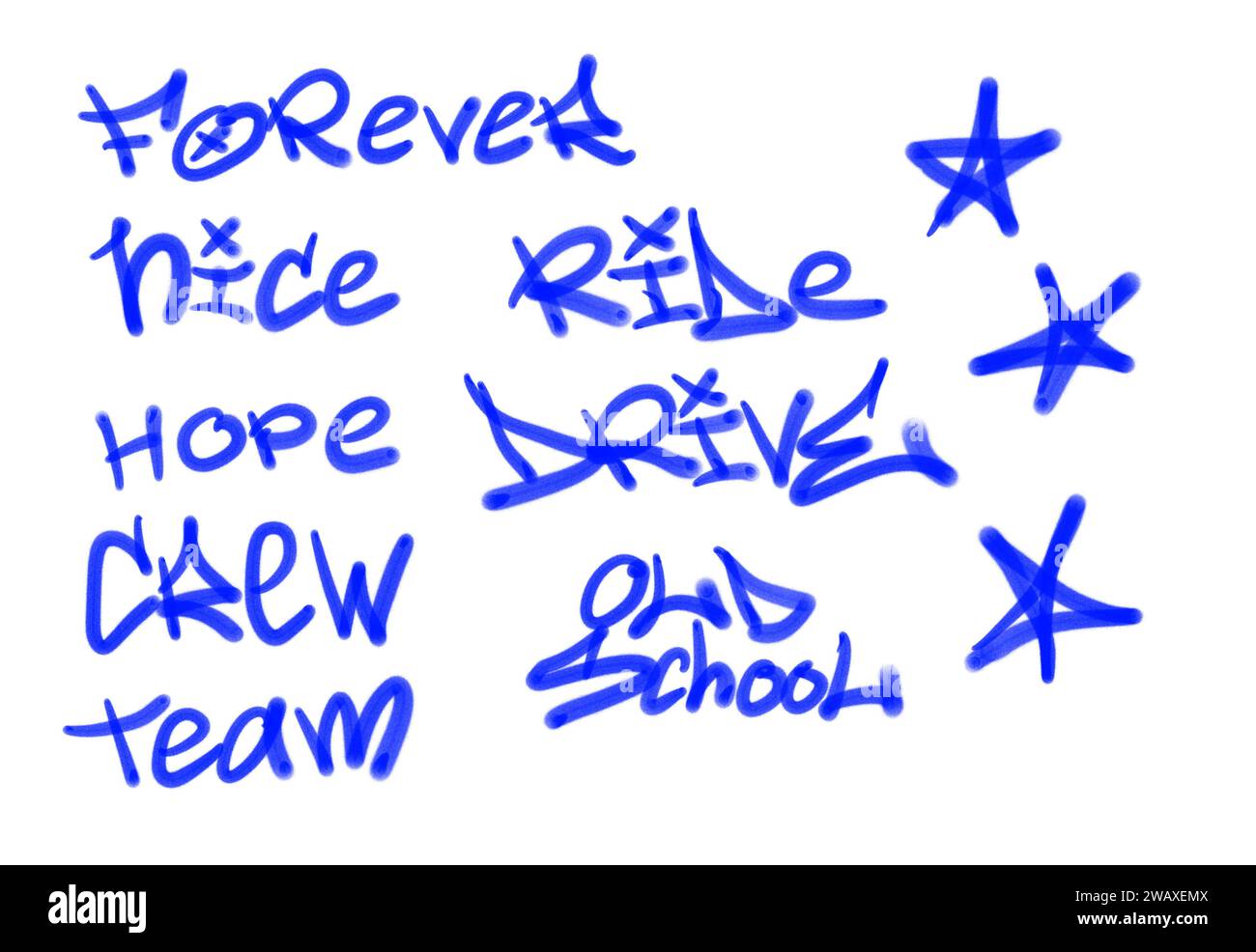 Collection of graffiti street art tags with words and symbols in blue ...