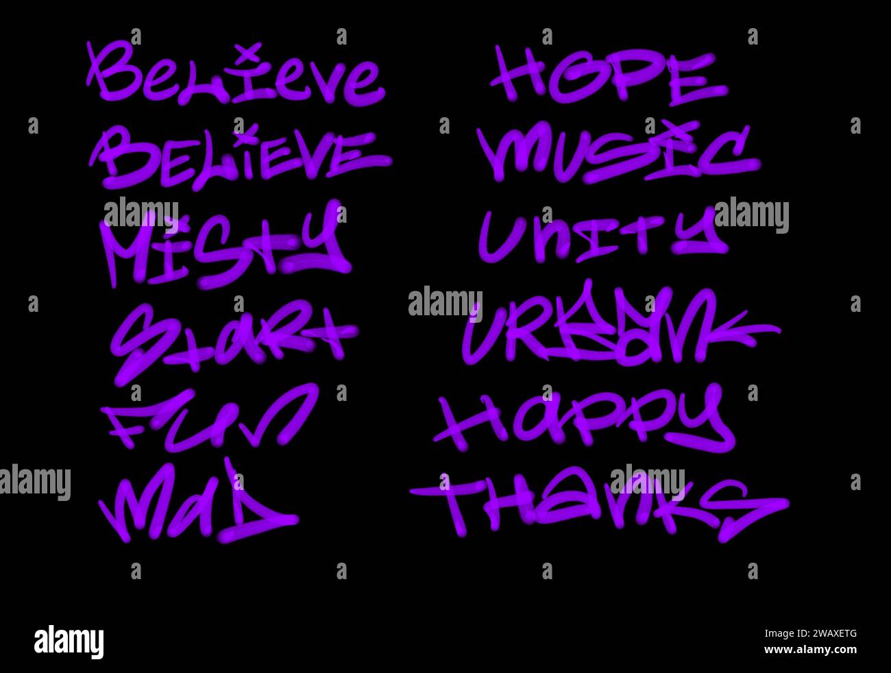 Collection of graffiti street art tags with words and symbols in violet ...
