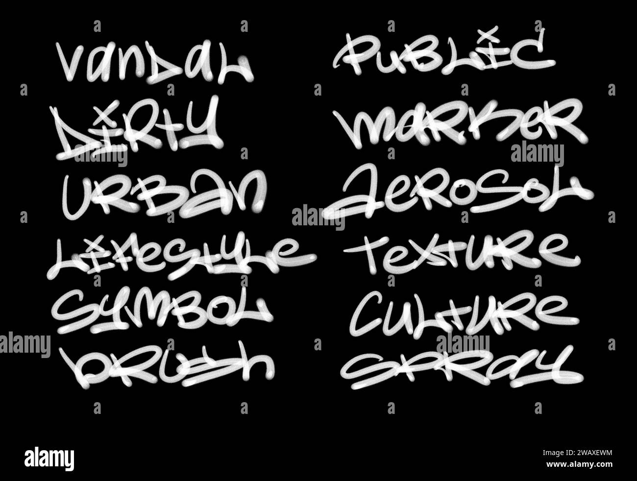 Collection of graffiti street art tags with words and symbols in white ...