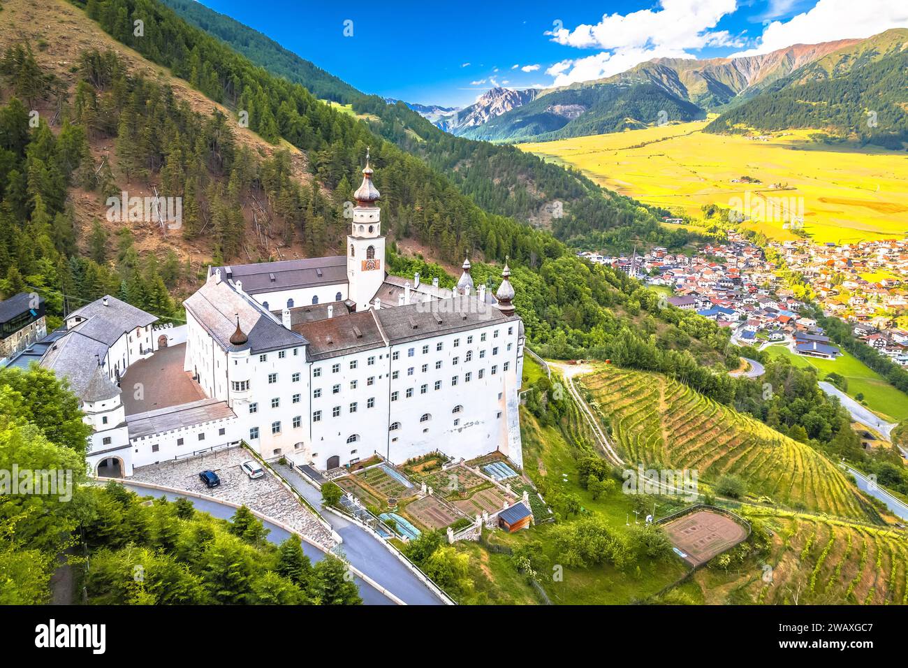 Abbey of Monte Maria in Alpine village of Burgeis view, Trentino Alto ...