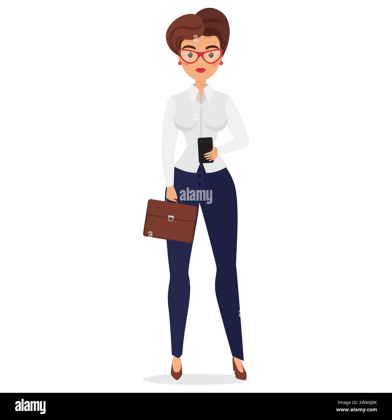 Business woman with suitcase and smartphone. Female office manager ...