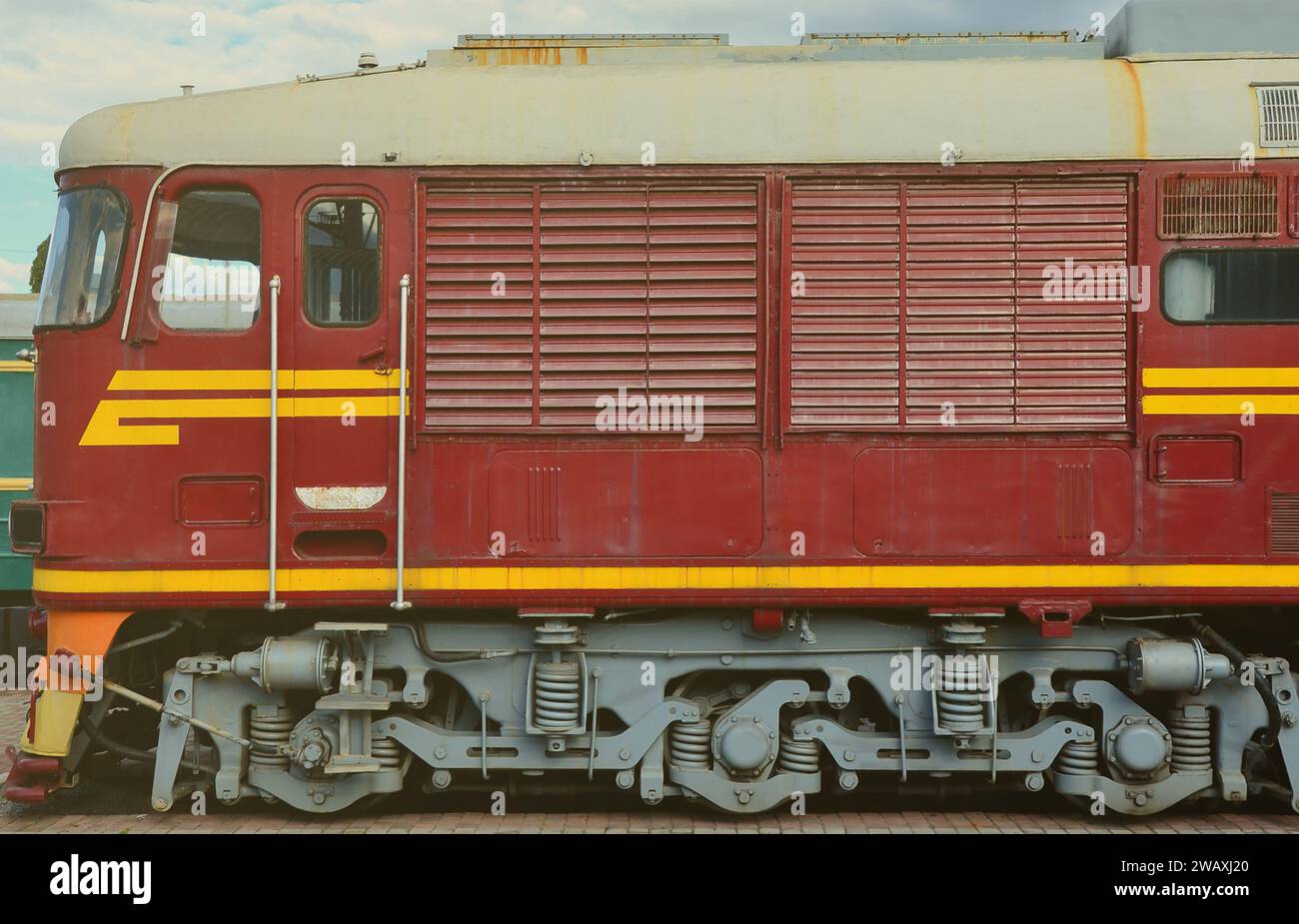 Cabin of modern Russian electric train. Side view of the head of ...