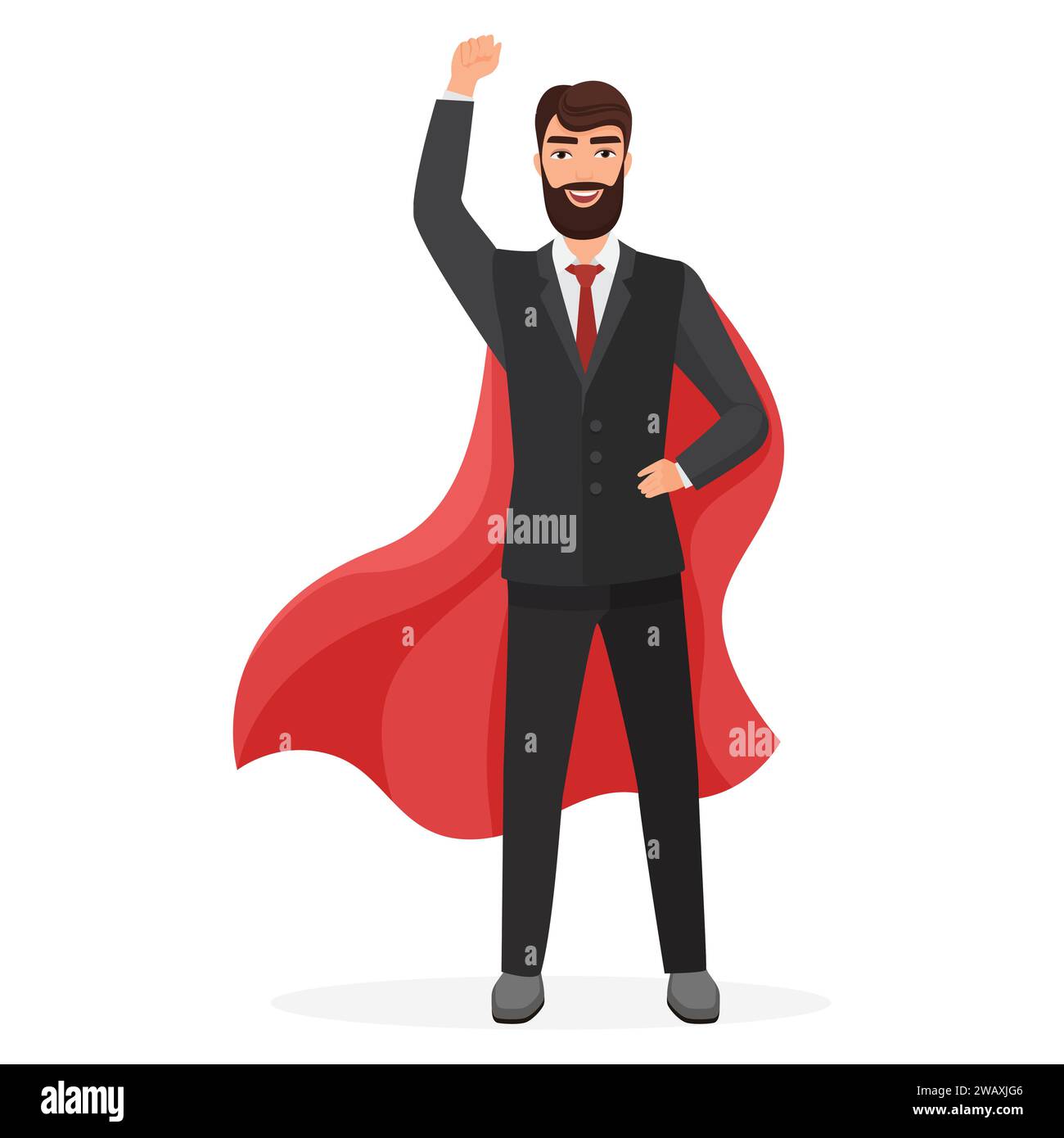 Happy superhero businessman with raised hand. Brave and strong business ...