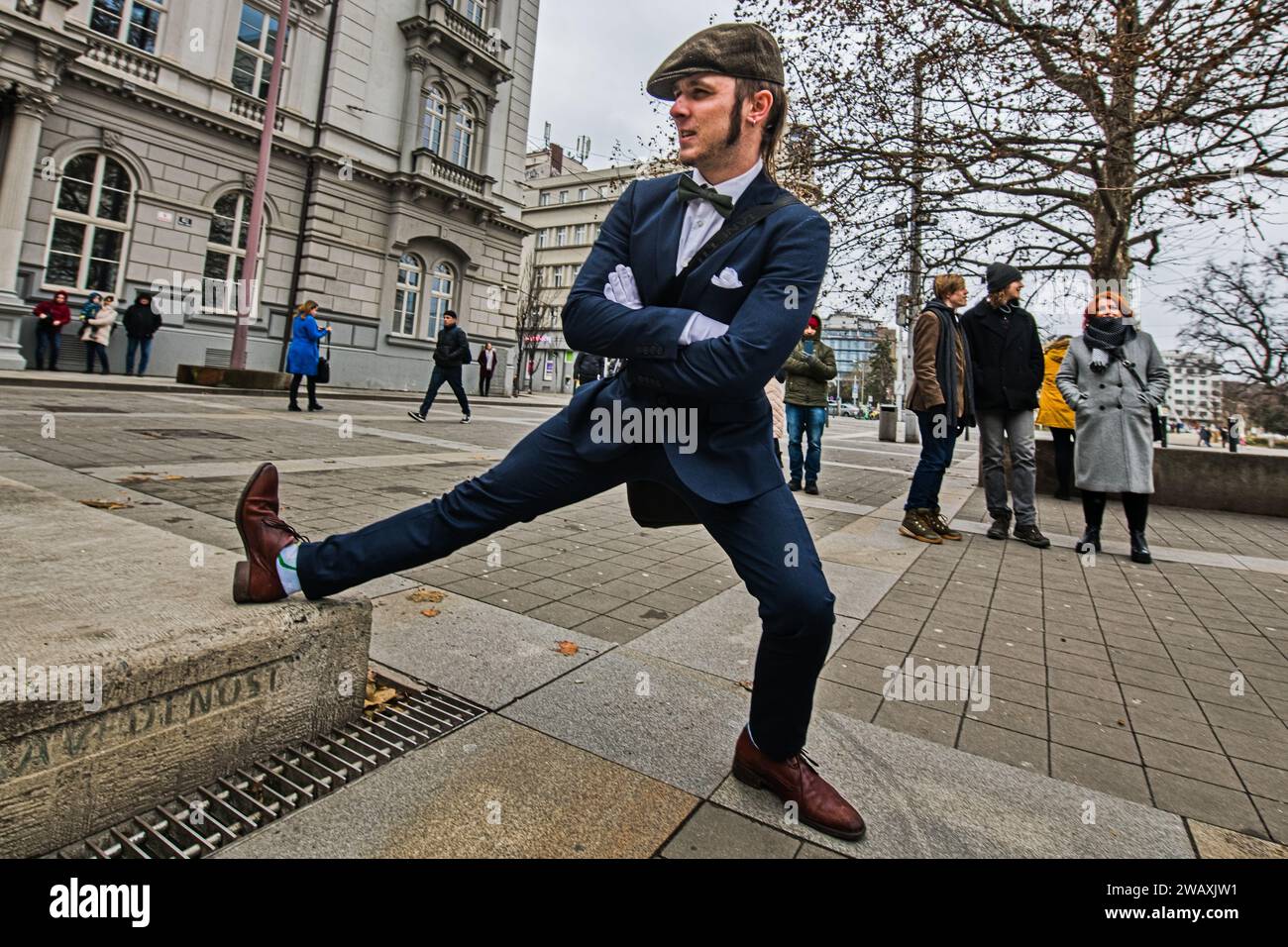 Brno, Czech Republic. 07th Jan, 2024. The eleventh mock event called "Silly Walk through Brno ...
