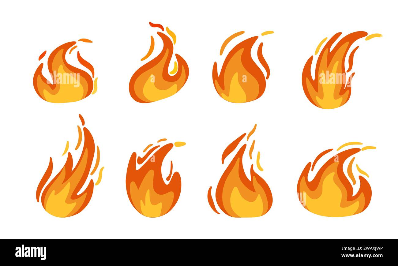 Set of flat icon flames fires, with burning red hot sparks isolated on ...