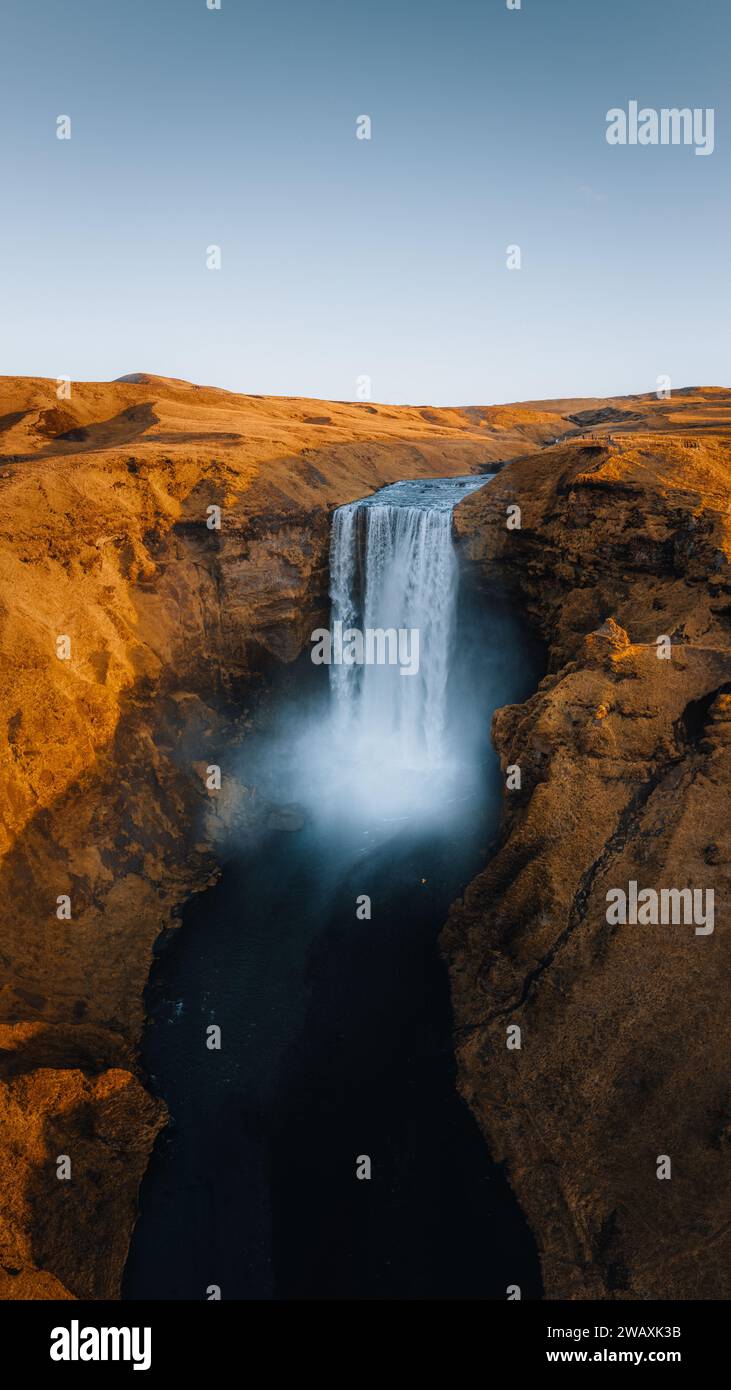Iceland. Aerial view on the Skogafoss waterfall. Landscape in the ...