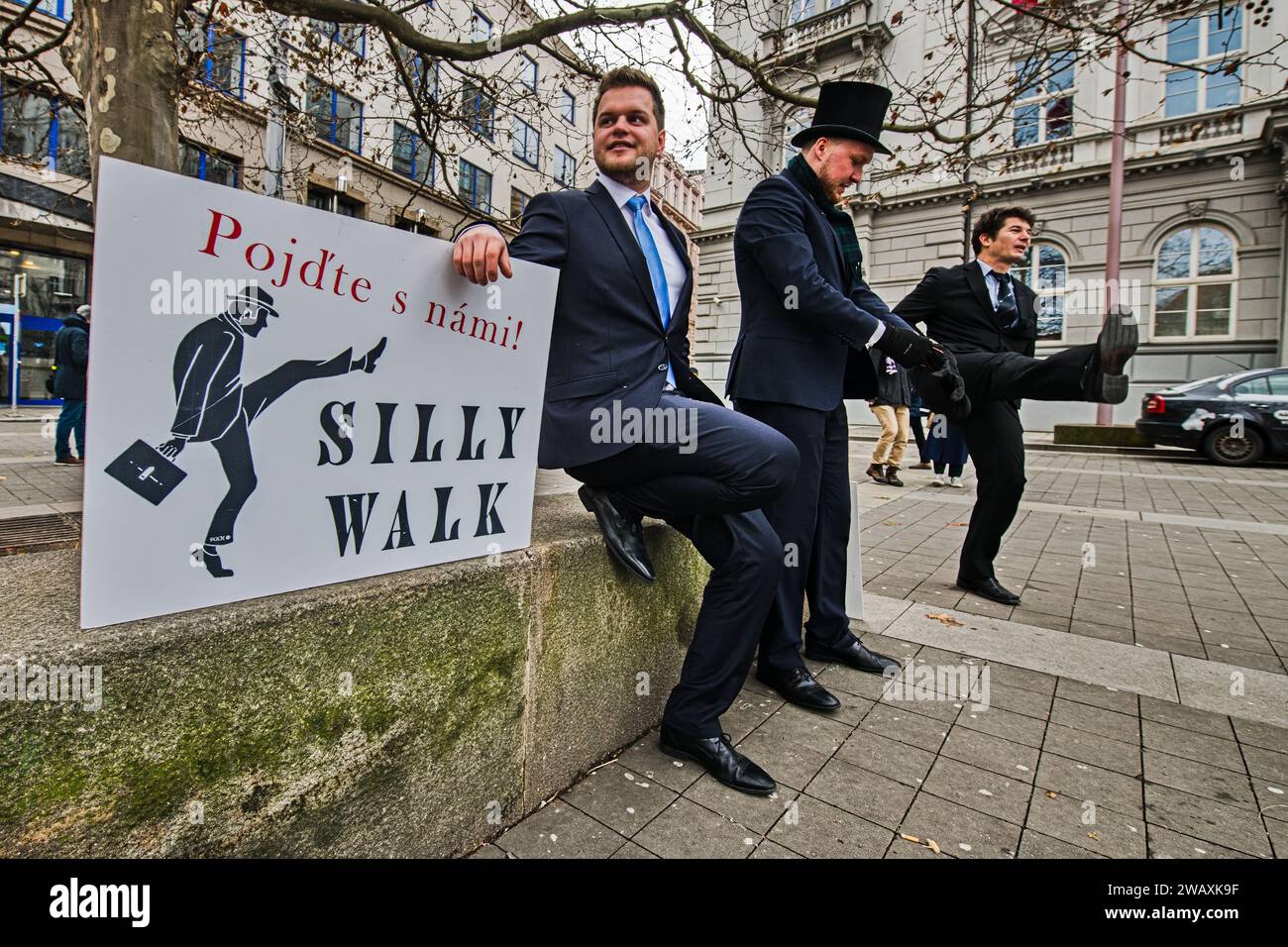 Brno, Czech Republic. 07th Jan, 2024. The eleventh mock event called "Silly Walk through Brno ...