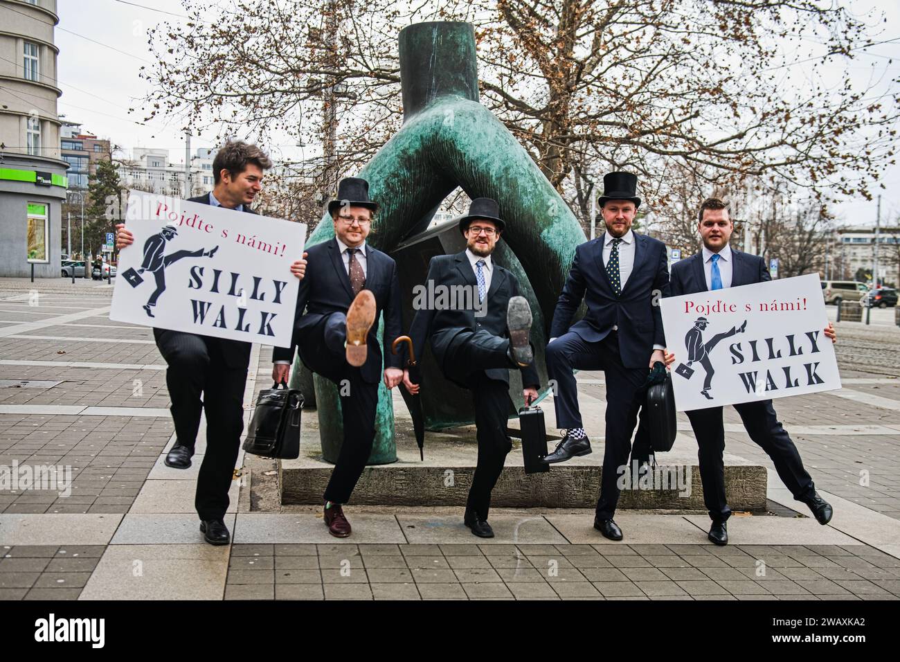 Brno, Czech Republic. 07th Jan, 2024. The eleventh mock event called "Silly Walk through Brno ...