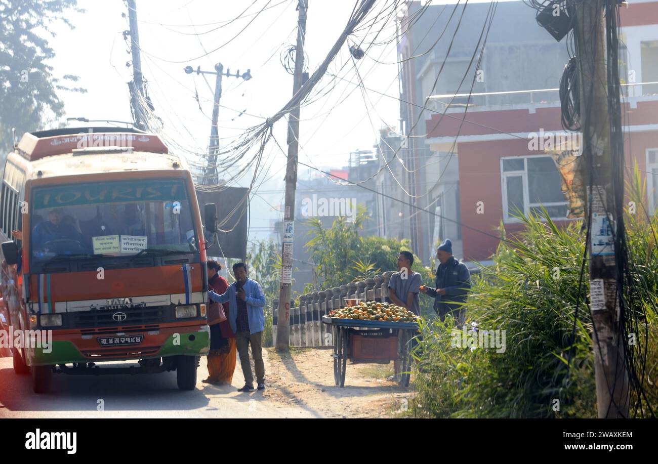Kathmandu, Nepal November 29 2023:local tourist bus is stop at roadside ...