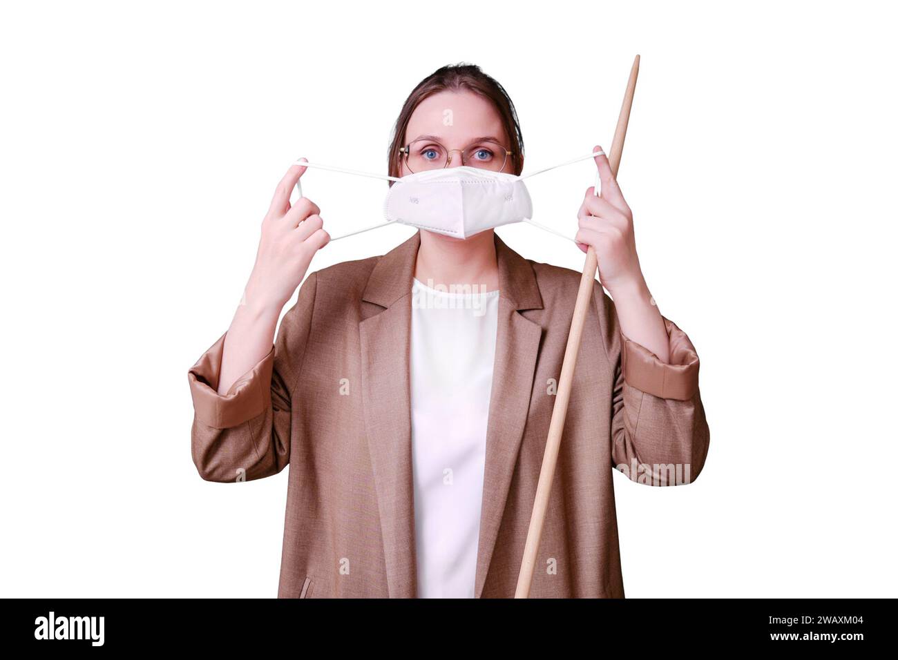 Woman teacher takes off her face mask after recovery on studio isolated ...