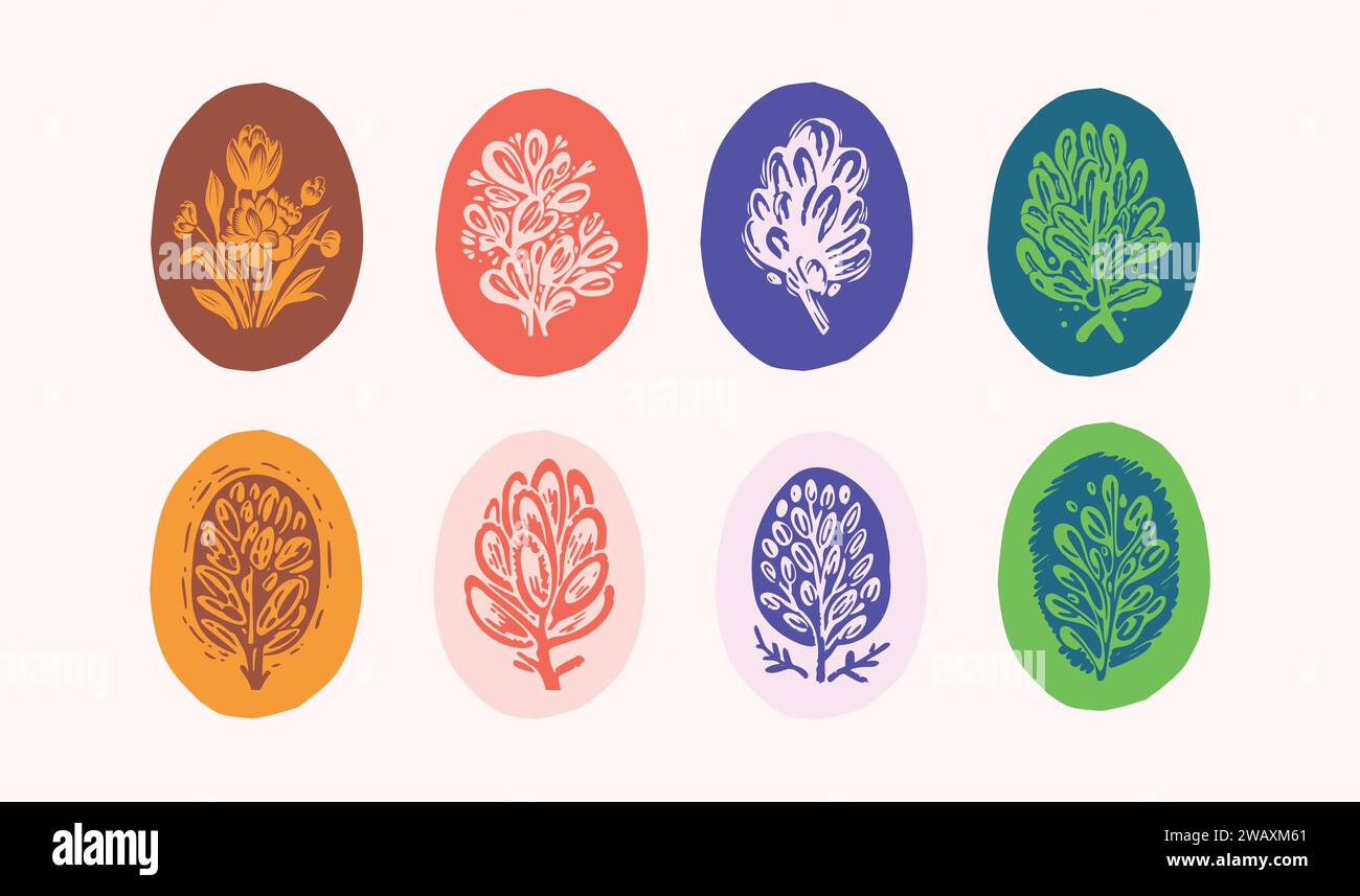 Linocut plant sprig in colorful frame vector motif set. Folkart ...