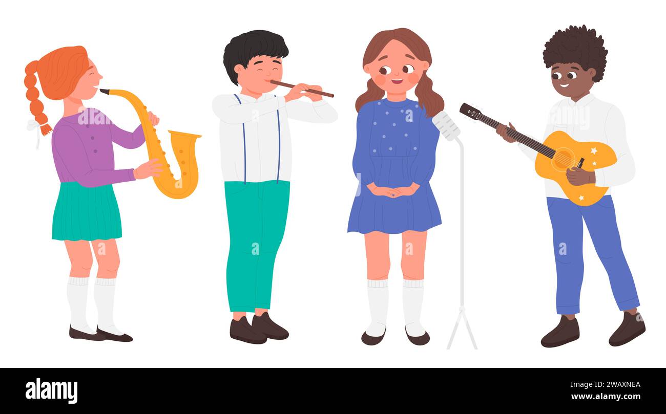 Children with musical instruments play acoustic music on school concert ...