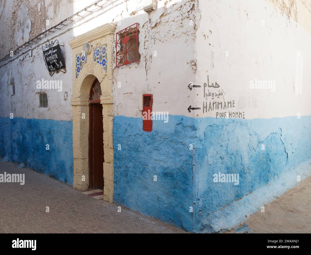 Hammam entrance with blue walls in the historic medina in the city of ...