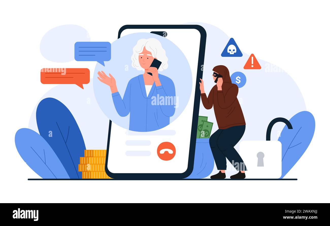 Elderly woman on mobile phone screen talking to scammer, scam and phishing vector illustration ...