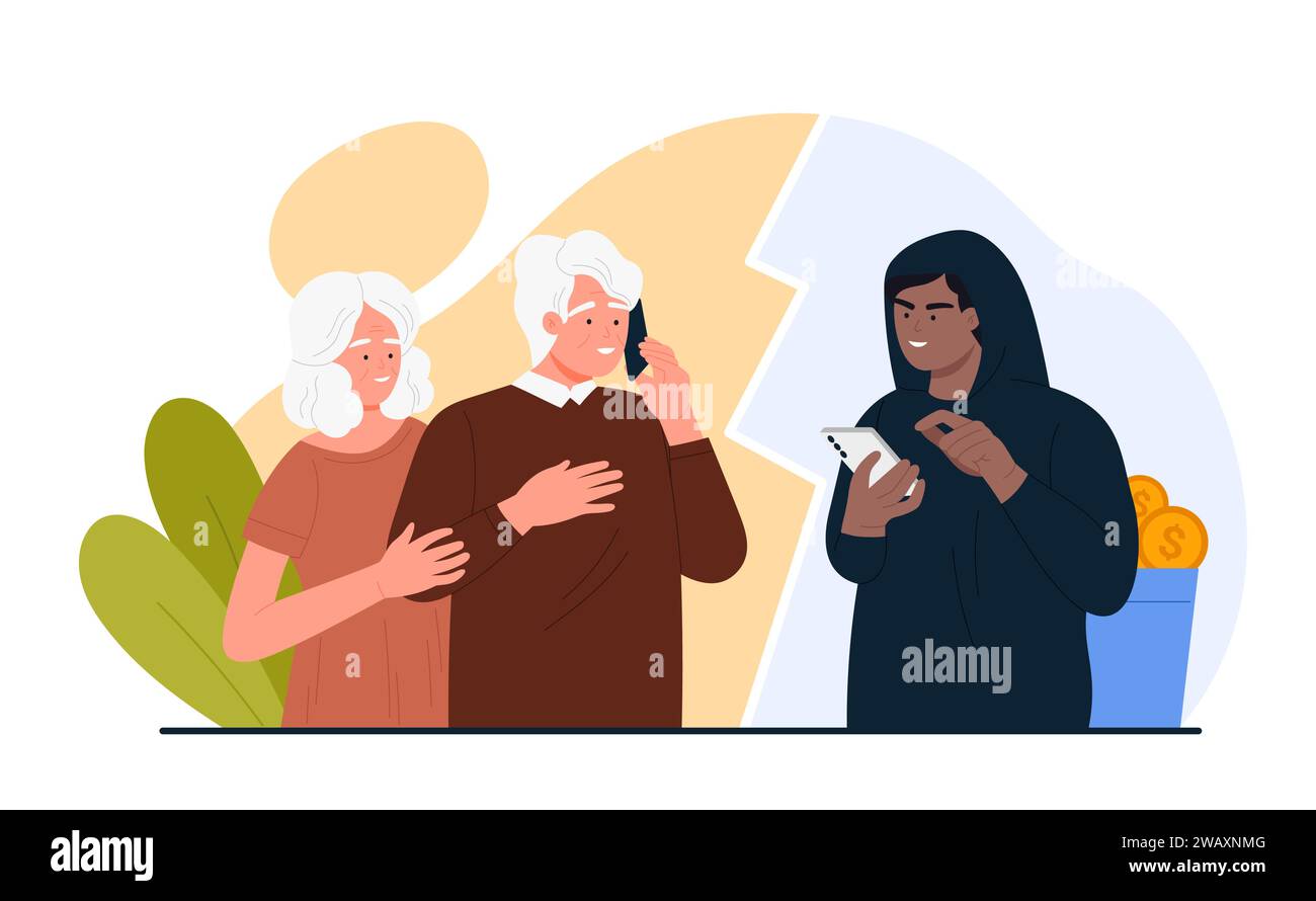 Stealing money from old people using mobile phone vector illustration ...