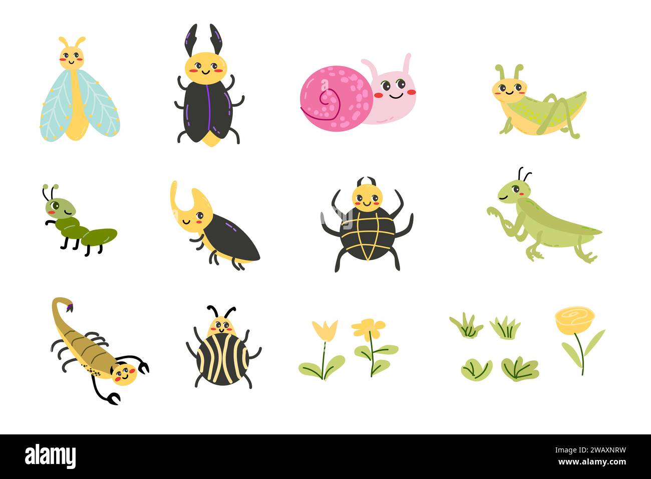 set of spring cute animal insect with flower and grass. Vector ...