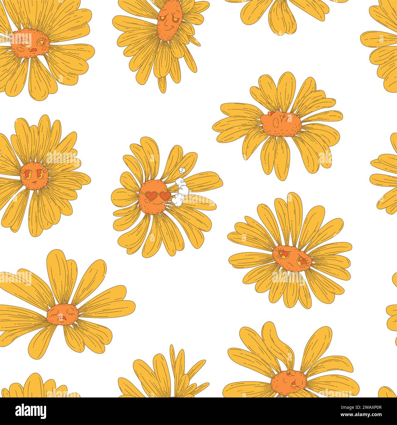 Psychedelic flower characters seamless pattern. Retro seamless pattern ...