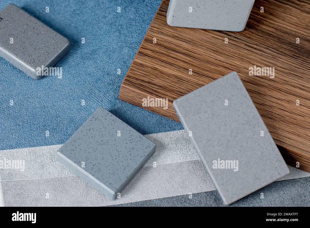 samples of finishing materials, close-up view, including various wooden ...
