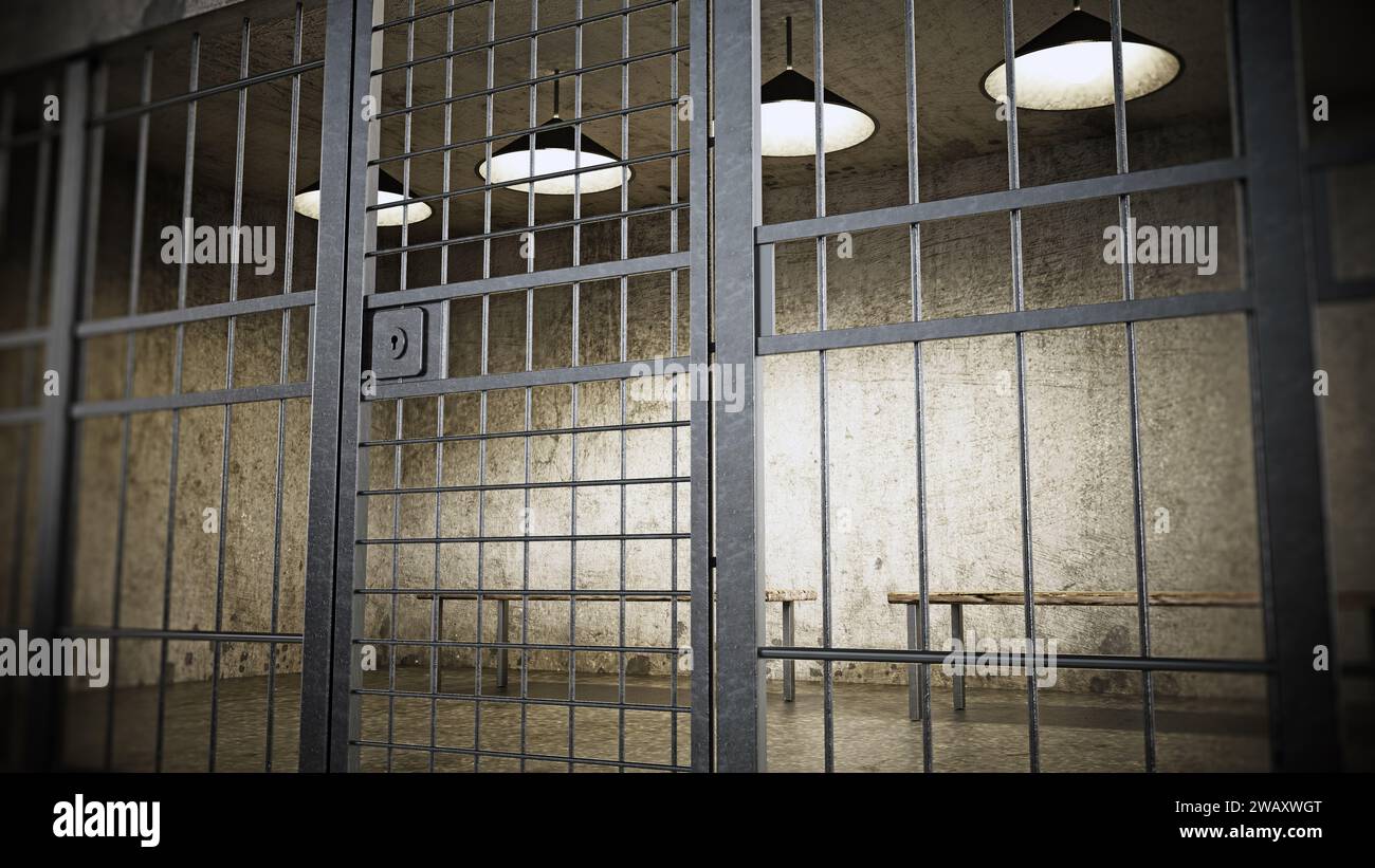 Prison cell with closed door and old dirty walls. 3D illustration Stock ...