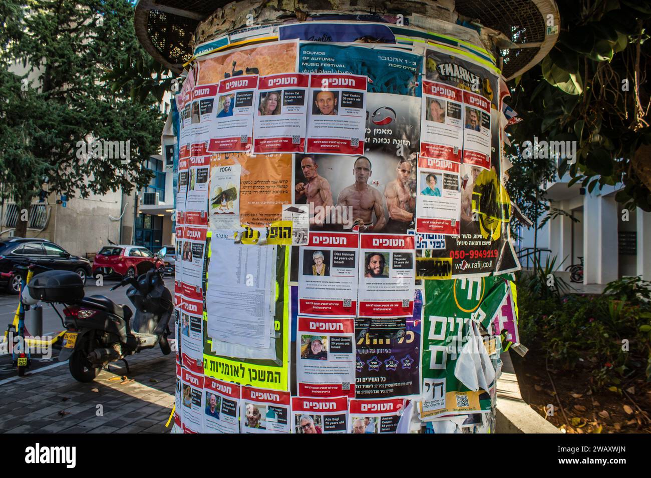 Tel Aviv, Israel - January 6, 2024 Posters of the face of the hostages ...