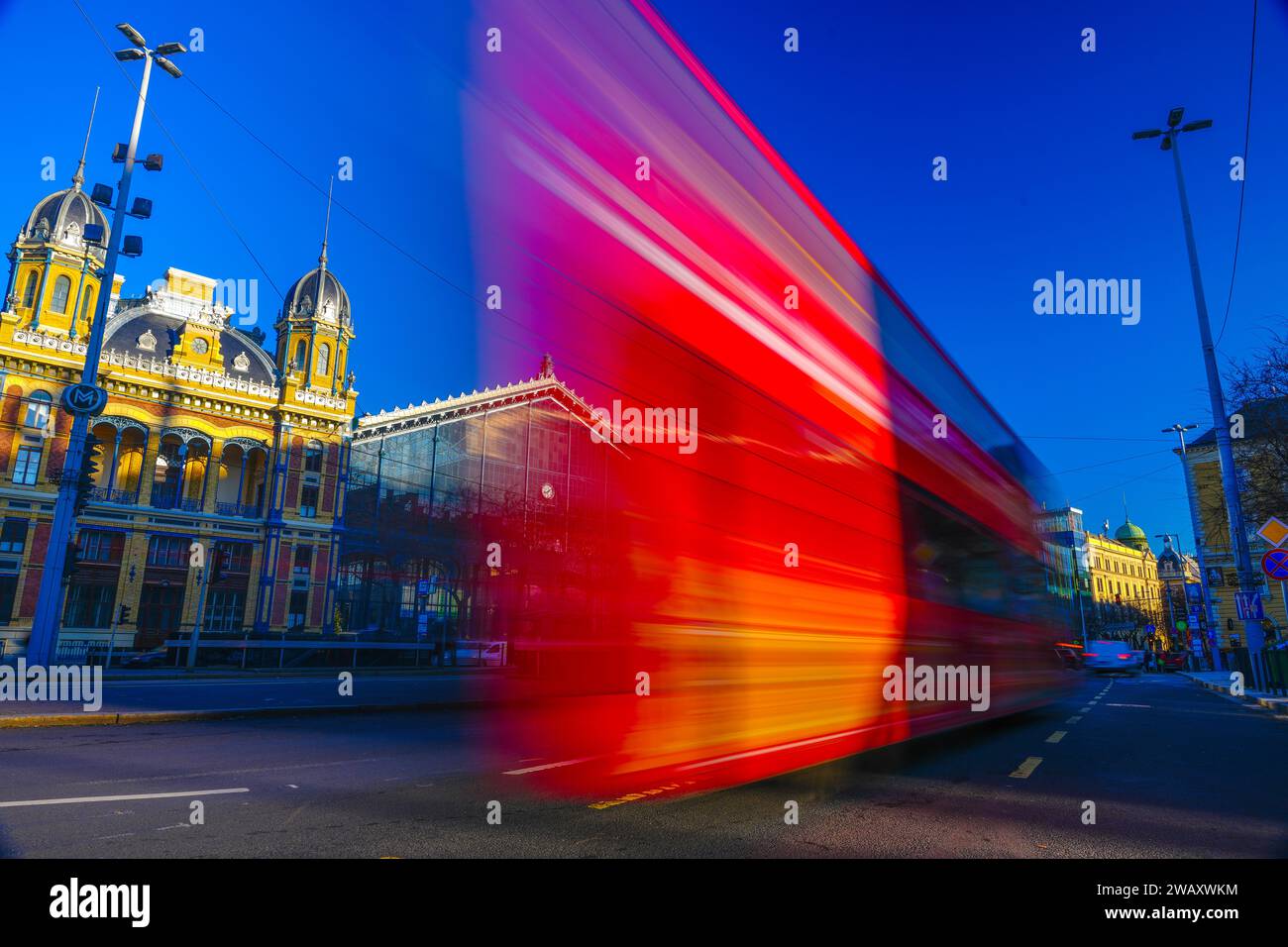 Budapest, Hungary: December 16, 2023: Long exposure shot of red bus ... Budapest, Hungary: December 16, 2023: Long exposure shot of red bus ...