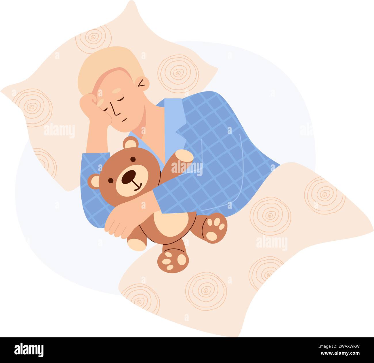 Sleeping blond man hugs plush teddy bear toy. Cute male character in ...