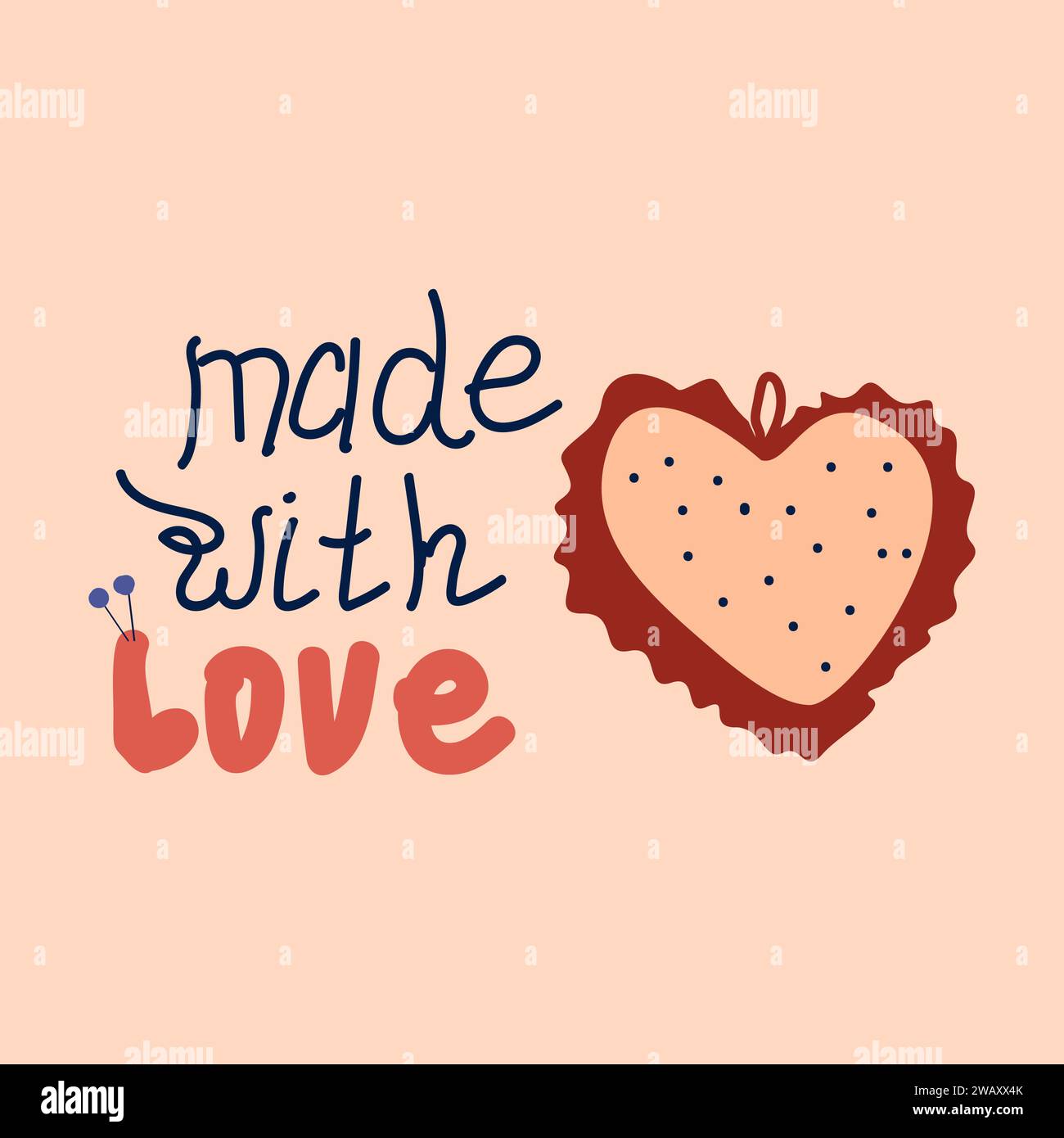 sewing heart and lettering made with love - card. Vector illustration ...