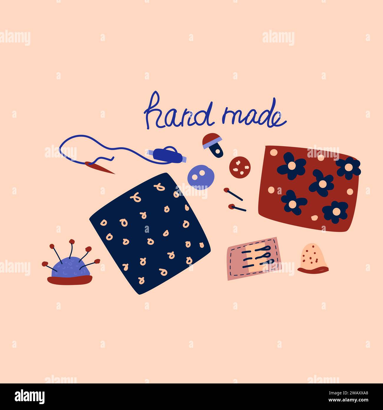 Hand drawn set of craft needlework - sewing tools. Vector illustration ...