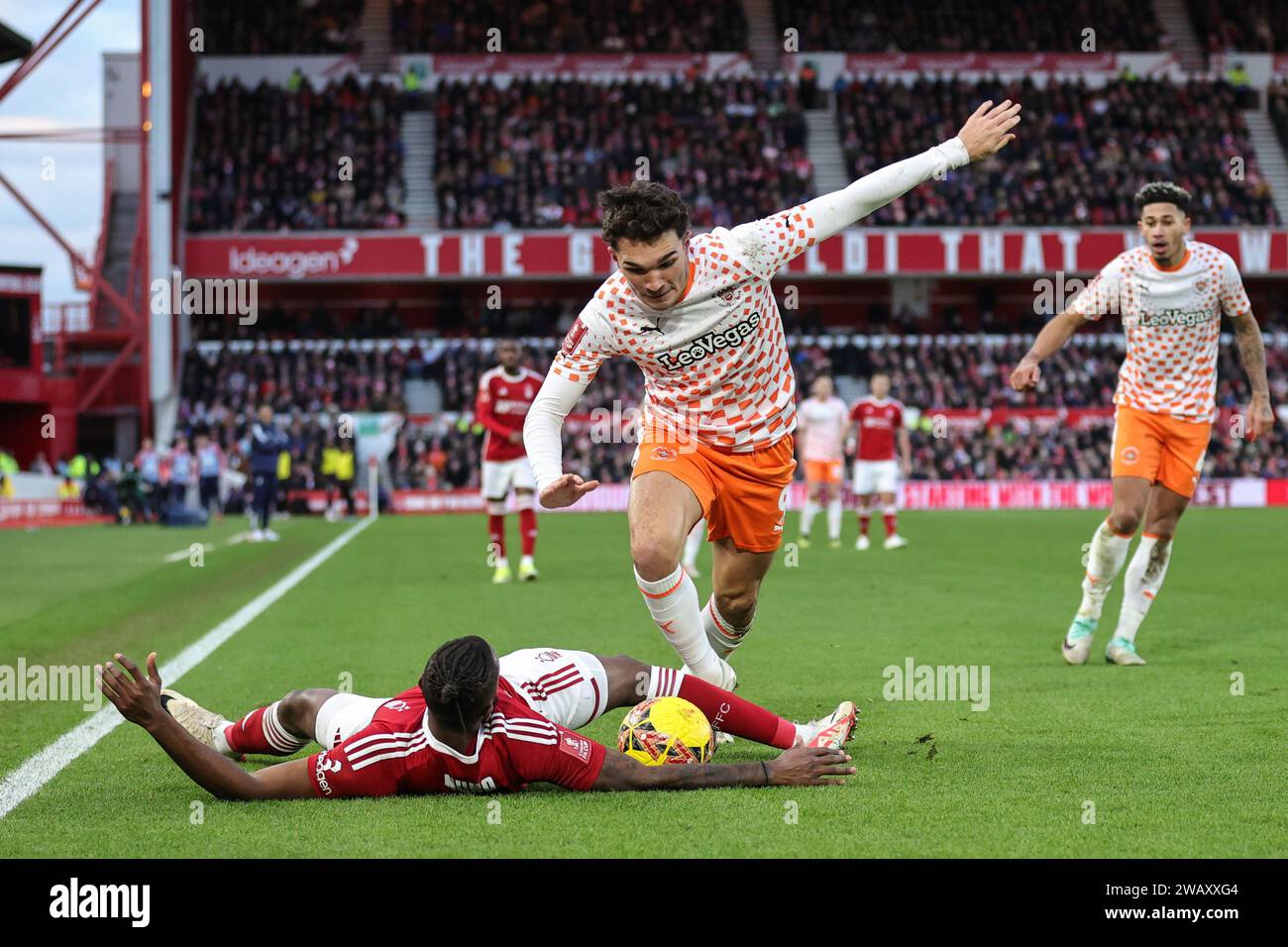 Nottingham, UK. 07th Jan, 2024. Oliver Norburn of Blackpool is fouled ...
