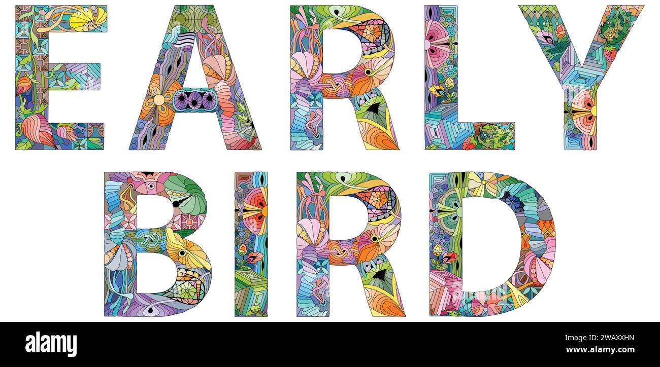 Hand-painted art design. Hand drawn illustration words EARLY BIRD for t ...