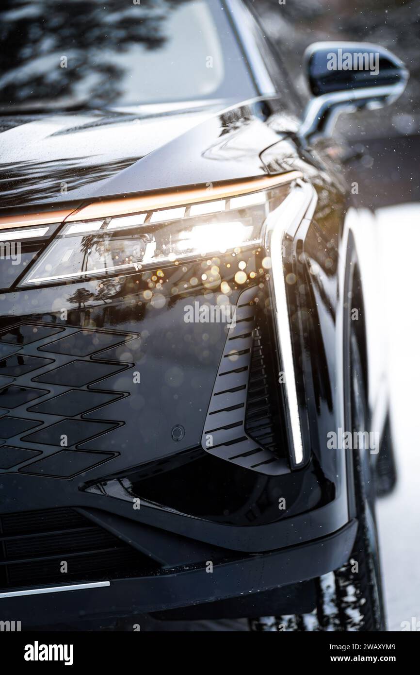 Mock-up, banner for car advertising. Black new car front view: xenon ...