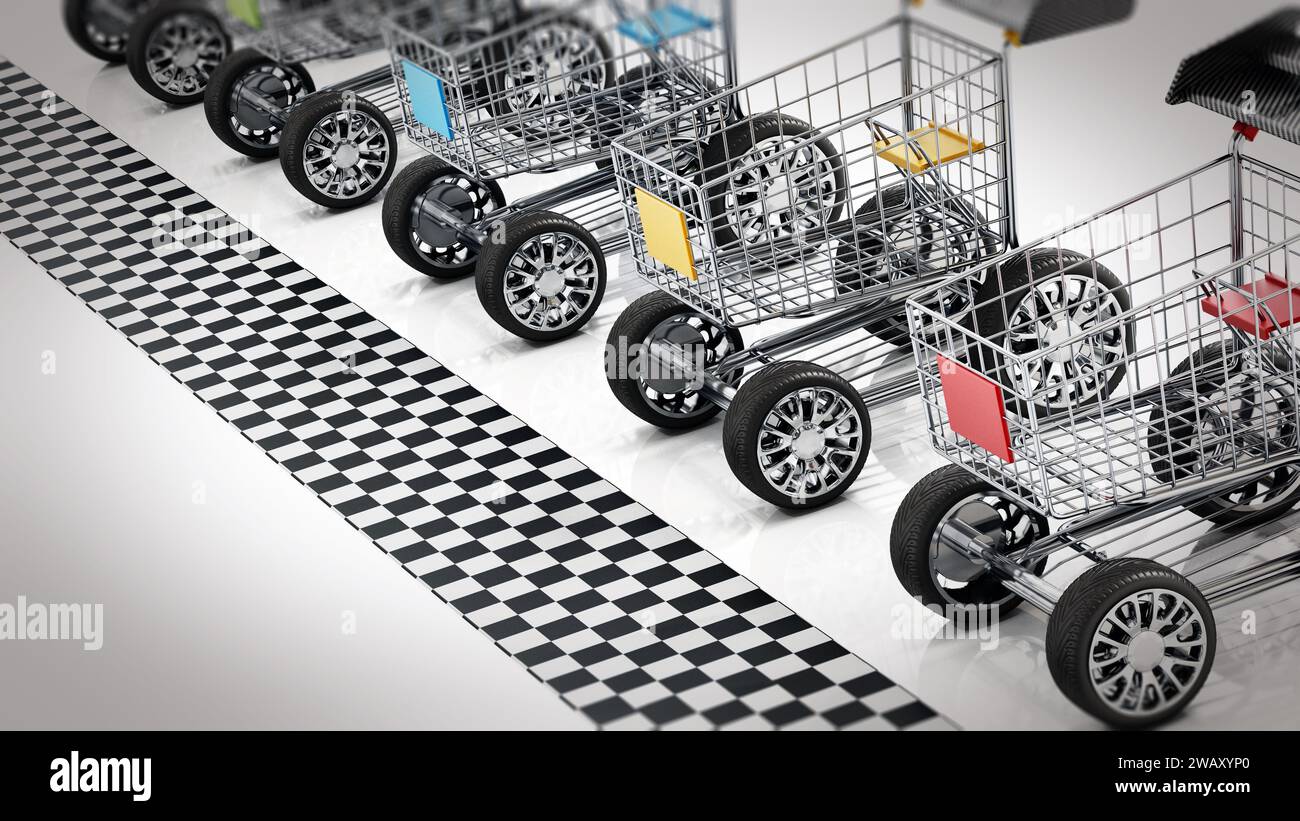 Shopping carts with sports tyres and a spoiler waiting at the start ...