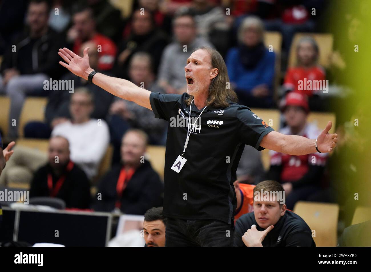 Staffan Olsson coaches the Netherlands during the men's handball match ...