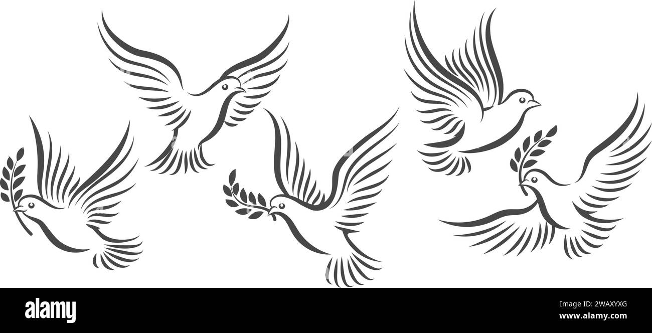 Flying doves sketch. Heaven dove with olive branch outline graphics ...