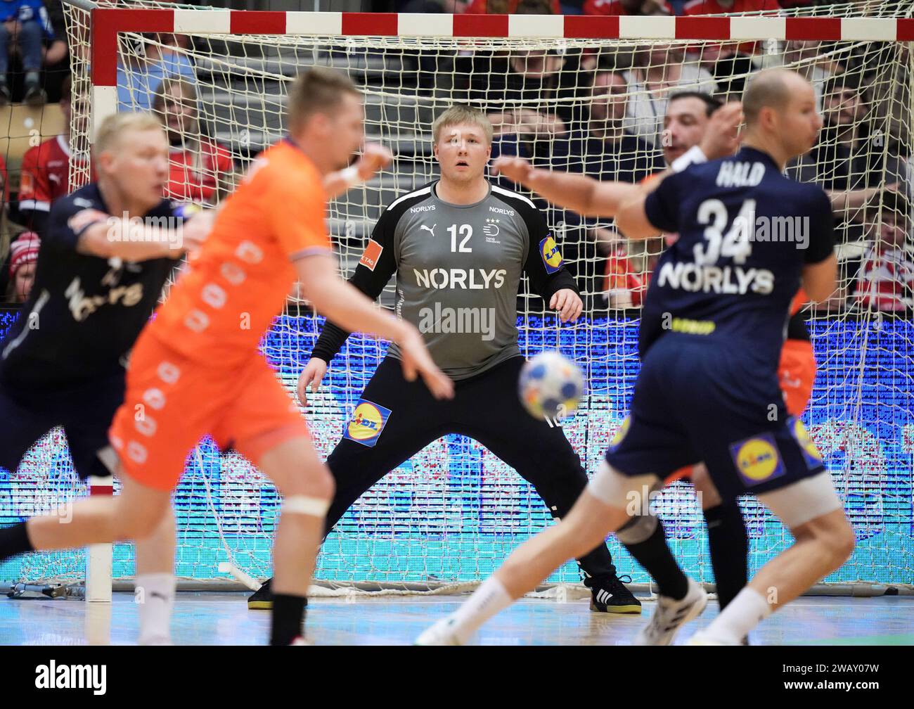 Denmark's Emil Nielsen in goal during the men's handball match in the ...