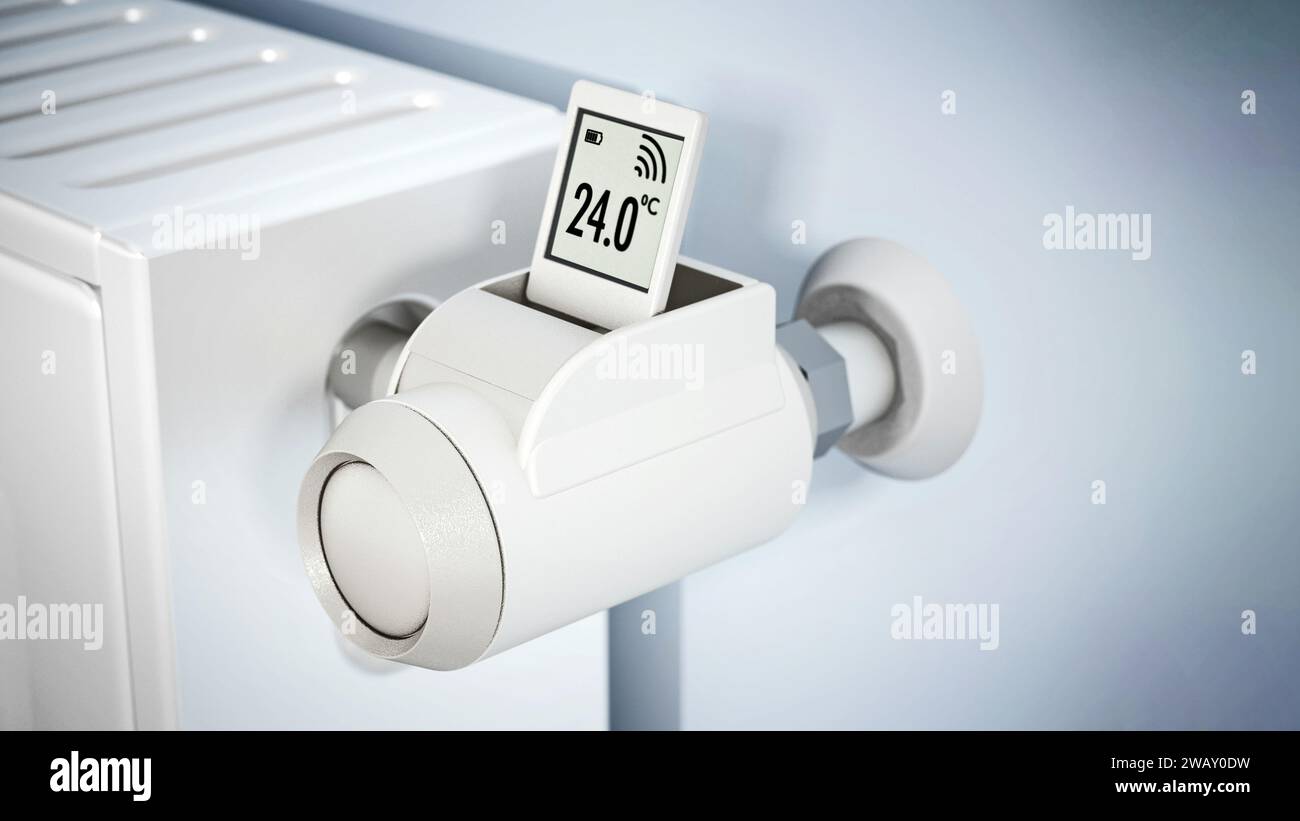 Smart thermostatic radiator valve with LCD screen. 3D illustration ...