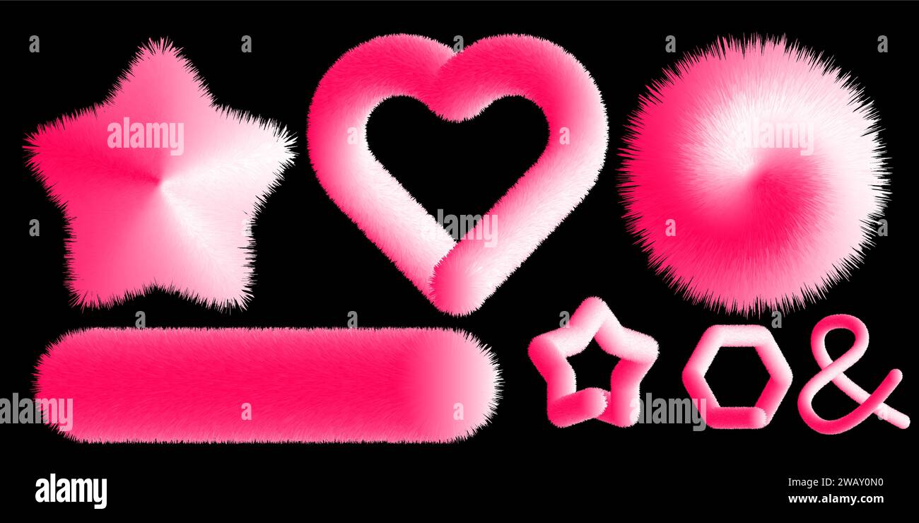 Colorful cartoon fluffy elements. Fur heart. Vector isolated on black ...