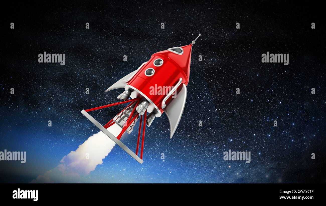 Vintage space rocket leaving the Earth's atmosphere. 3D illustration ...