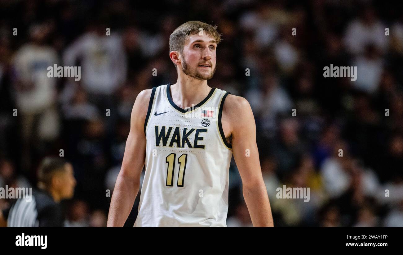 Winston-Salem, NC, USA. 6th Jan, 2024. Wake Forest forward Andrew Carr (11) in the ACC ...