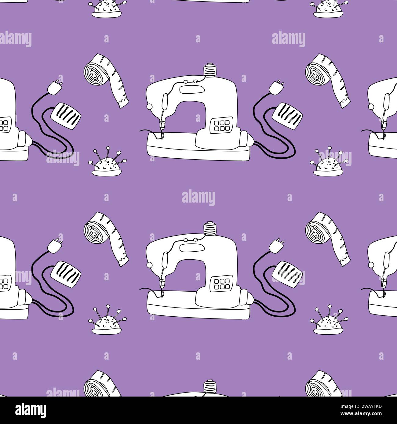 sewing machine and sewing tools outline seamless background. Vector ...