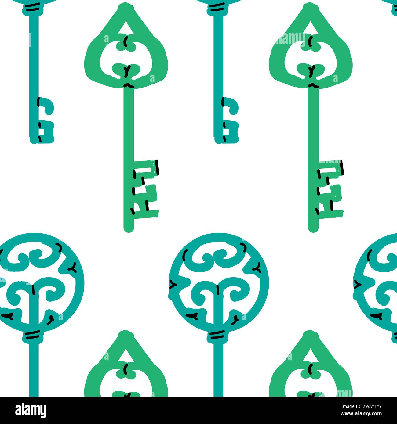 Vintage green keys in cartoon style seamless background. Vector ...