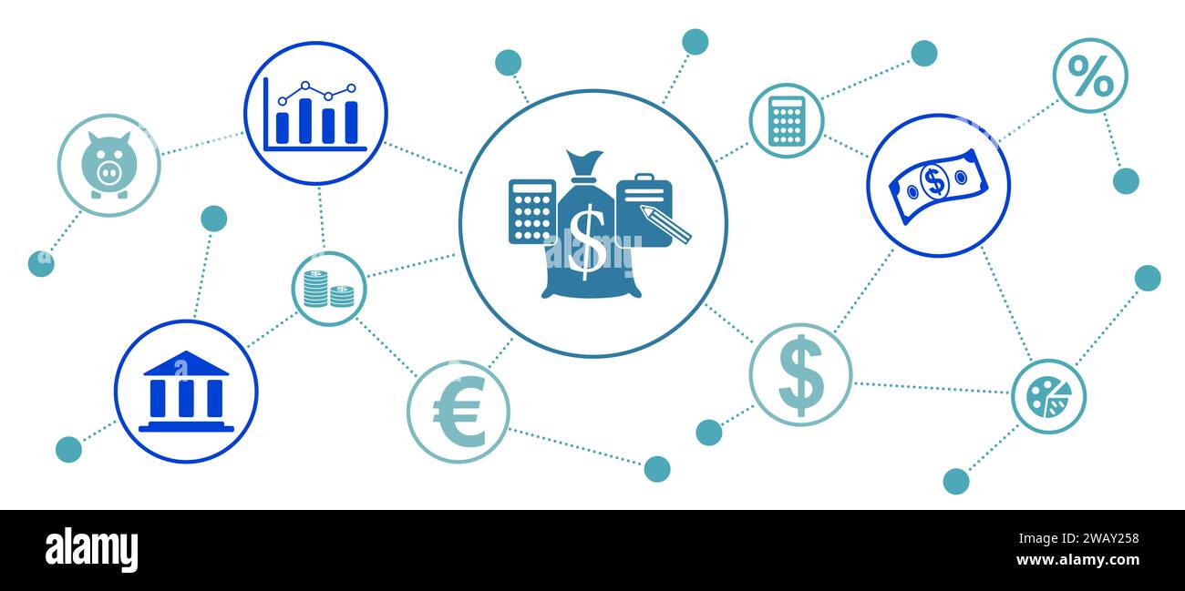 Concept of money management with connected icons Stock Photo - Alamy