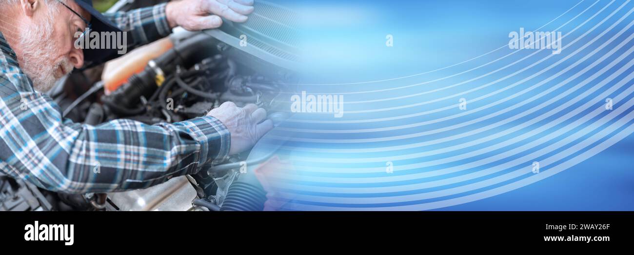 Car mechanic checking a car engine; panoramic banner Stock Photo - Alamy
