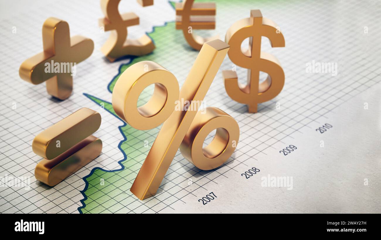 Financial symbols on statistics graph. 3D illustration Stock Photo - Alamy