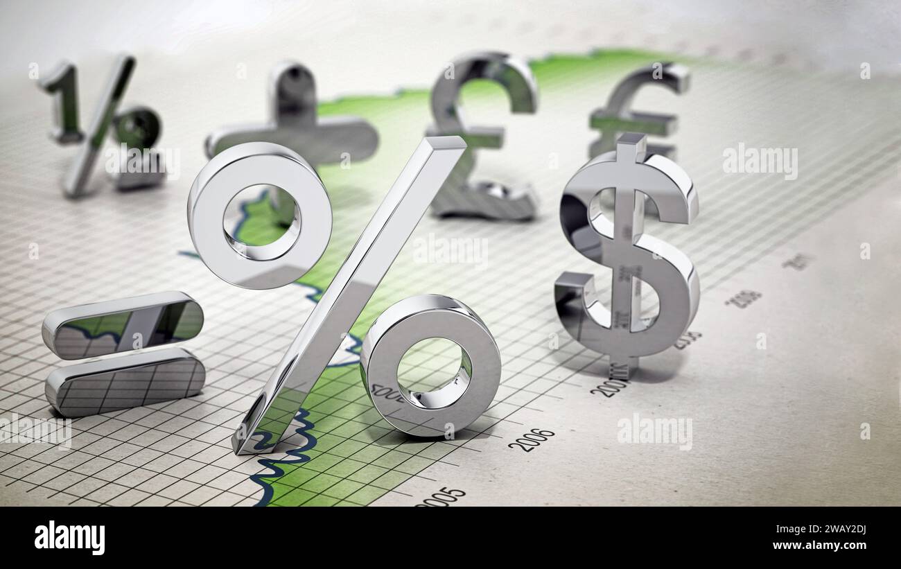 Financial symbols on statistics graph. 3D illustration Stock Photo - Alamy